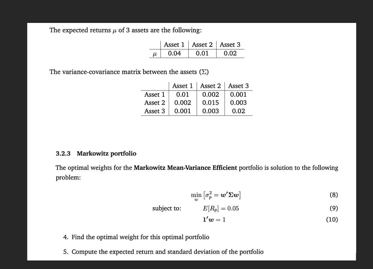 The expected returns μ of 3 assets are the following: | Chegg.com