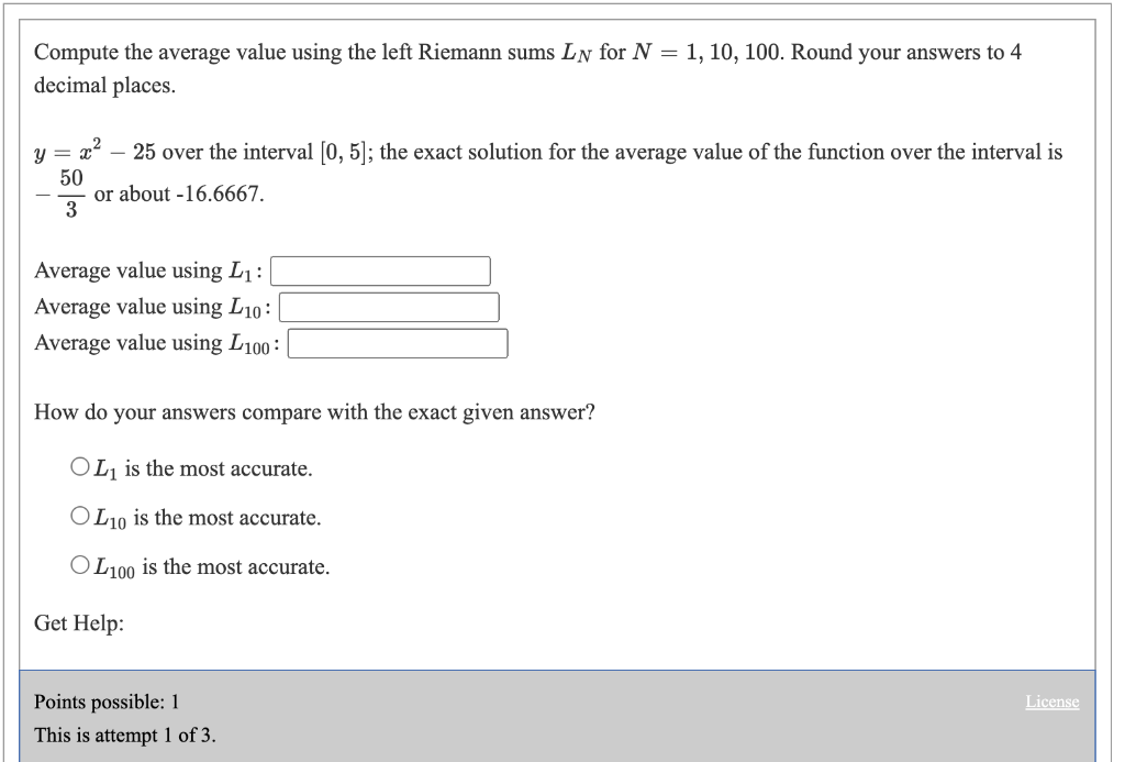 Solved Compute the average value using the left Riemann sums | Chegg.com