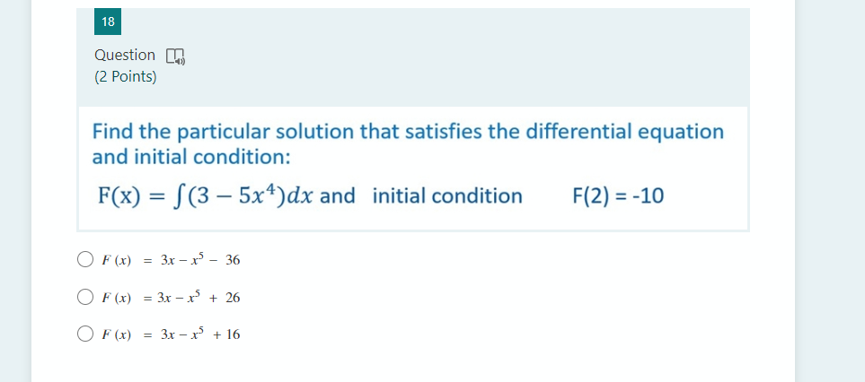 Solved 18 Question (2 Points) Find the particular solution | Chegg.com