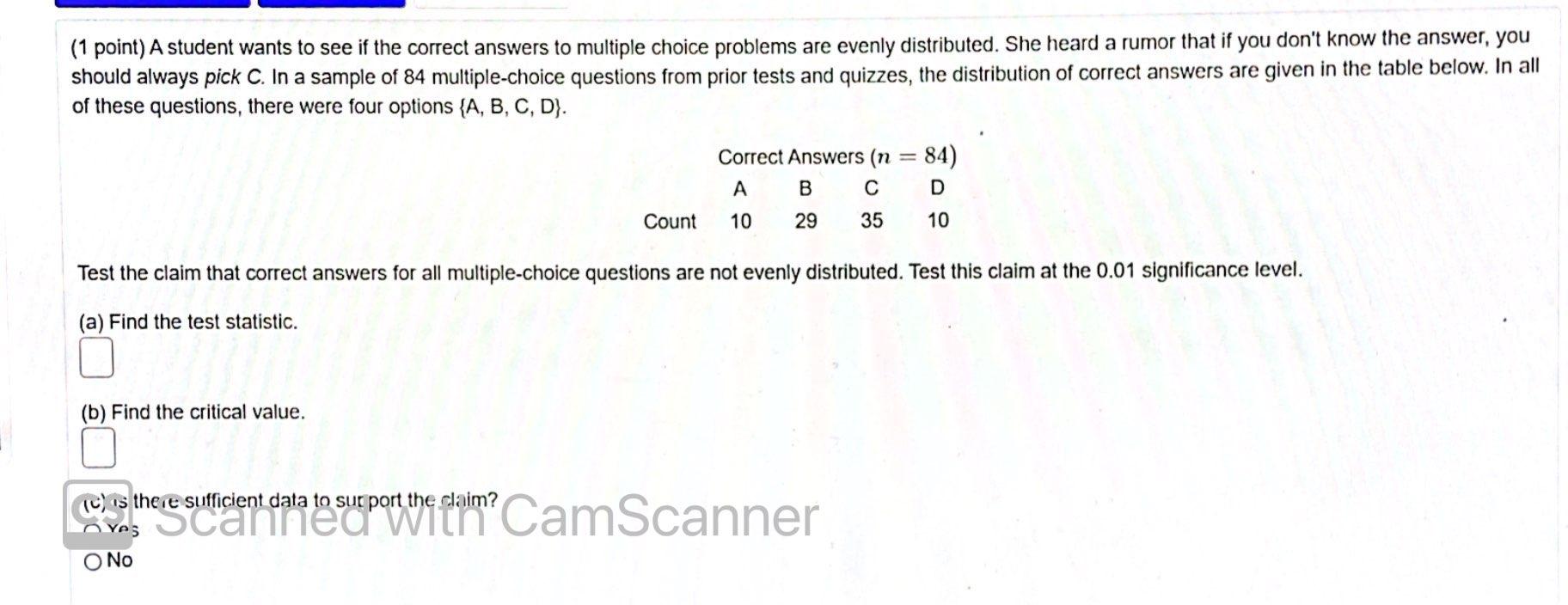 Solved (1 point) A student wants to see if the correct | Chegg.com