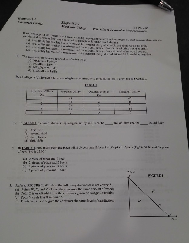 Solved Homework 4 Consumer Choice Shafin H. Ali MiraCosta | Chegg.com