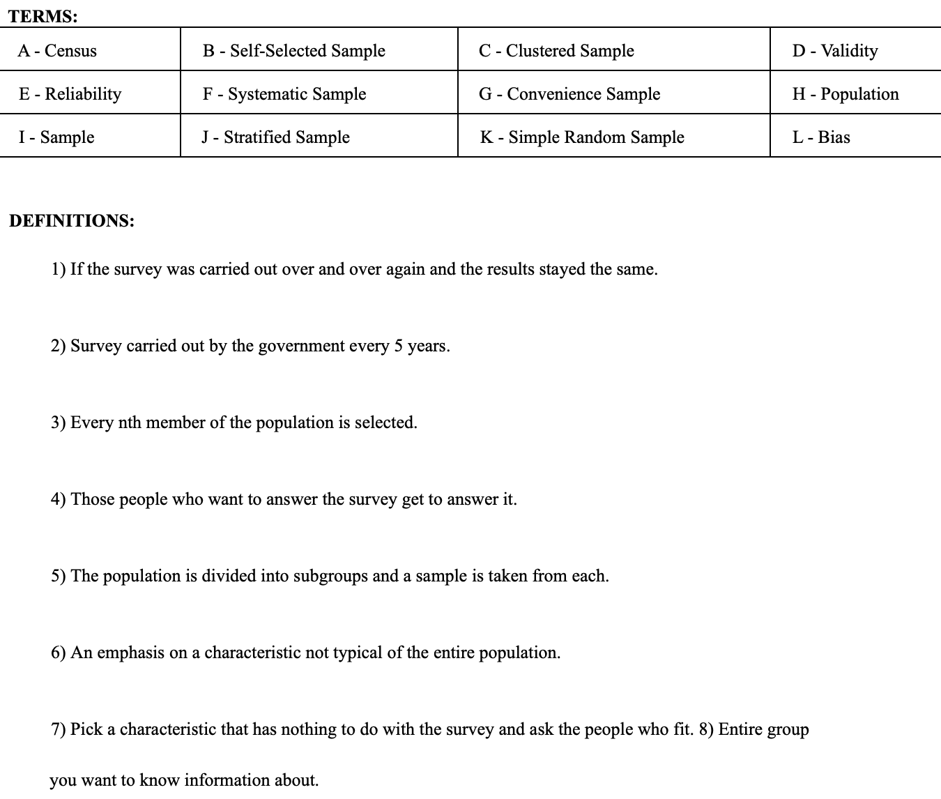 Solved TERMS: A - Census B - Self-Selected Sample C - | Chegg.com