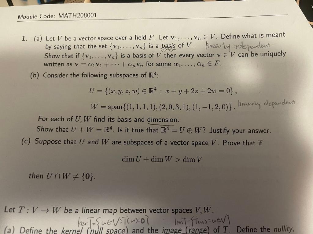 Solved 1. (a) Let V be a vector space over a field F. Let | Chegg.com