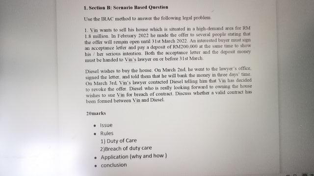 Solved 1. Section B: Scenario Based Question Use the IRAC | Chegg.com