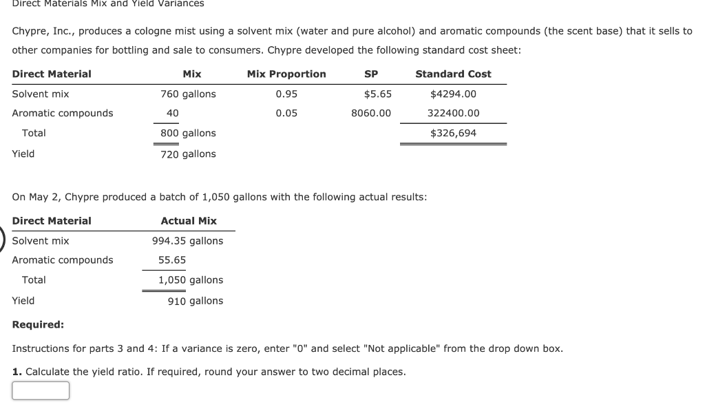 Solved Direct Materials Mix and Yield Variances Chypre, | Chegg.com