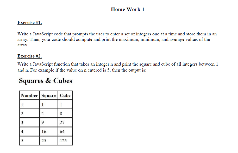 Solved Home Work 1 Exercise #1. Write a JavaScript code that | Chegg.com