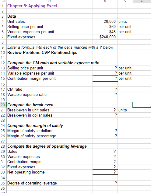Solved 1 Chapter 5: Applying Excel 3 Data 4 Unit sales 5 | Chegg.com