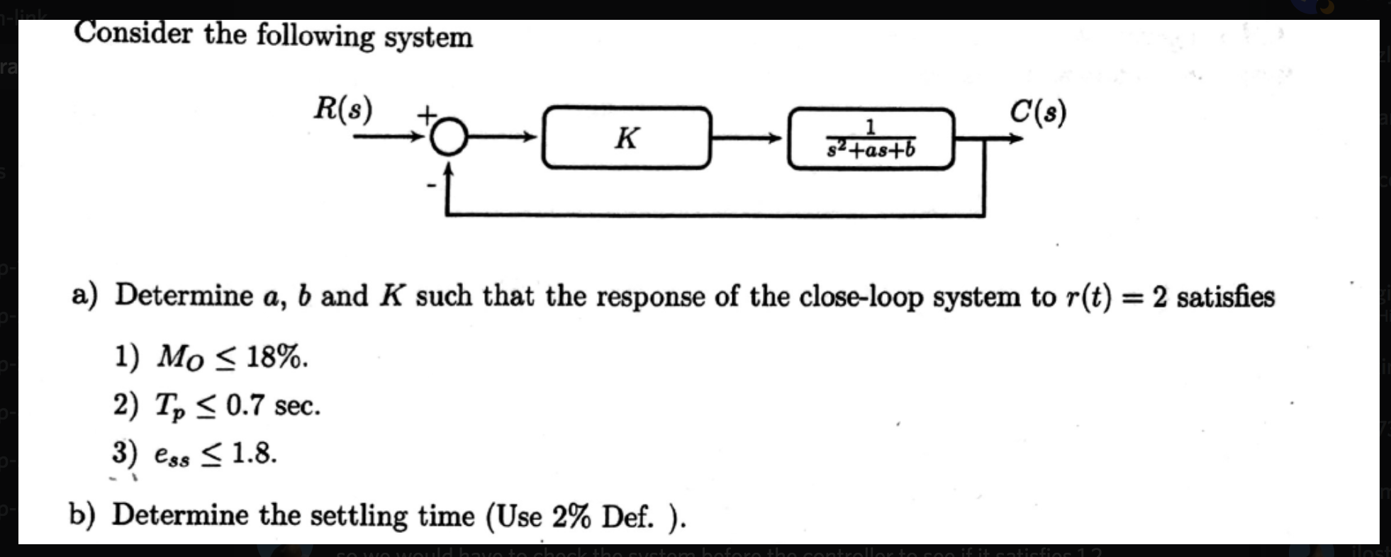 Solved Consider the following system R(8) C(s) K 1 g2+as+b | Chegg.com
