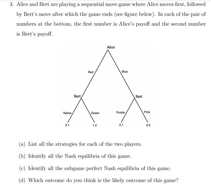 Solved 3. Alice and Bert are playing a sequential move game | Chegg.com