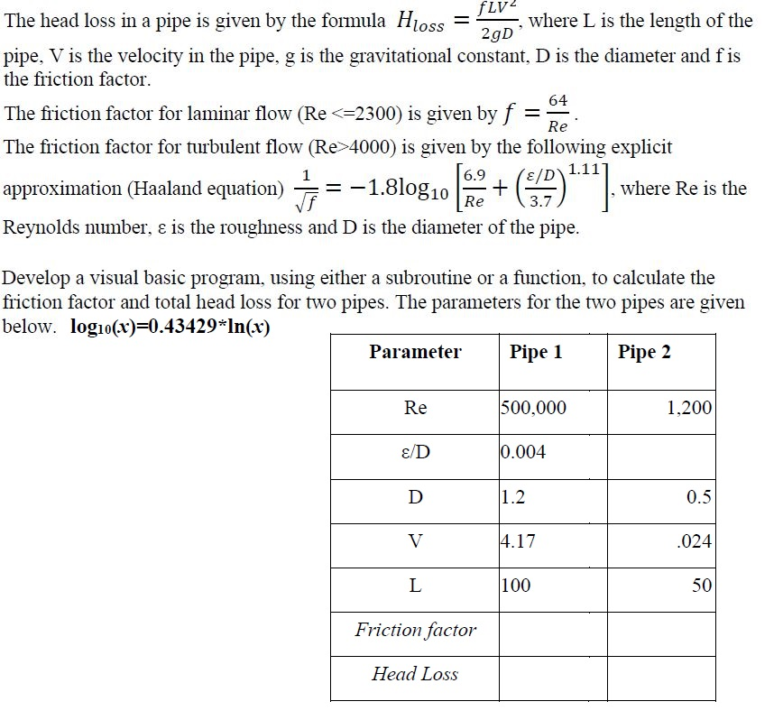 fLV The head loss in a pipe is given by the formula | Chegg.com