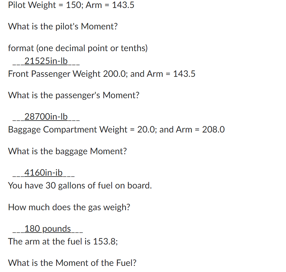 Solved Pilot Weight =150; Arm =143.5 What is the pilot's | Chegg.com