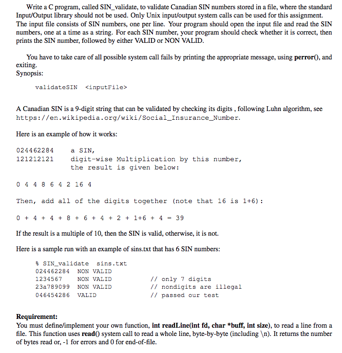 Write a C program, called SIN_validate, to validate | Chegg.com