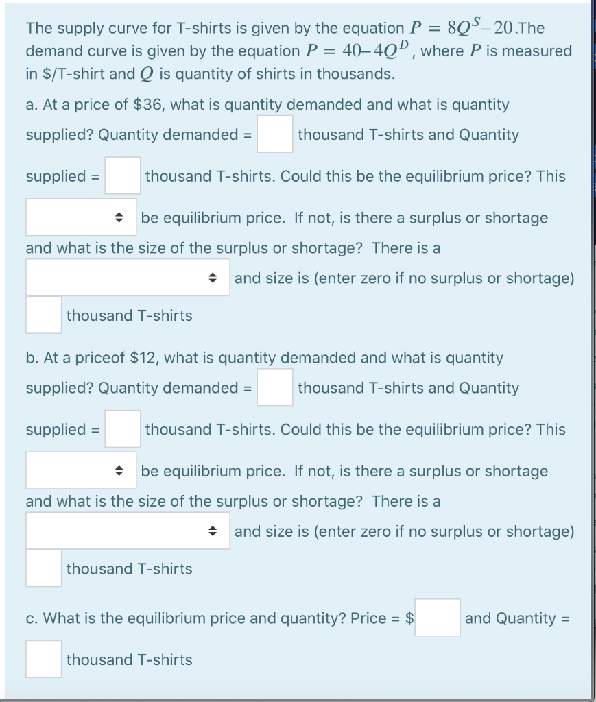 Solved The supply curve for T-shirts is given by the | Chegg.com