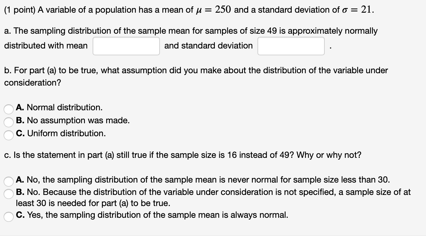 Solved (1 point) A variable of a population has a mean of u | Chegg.com