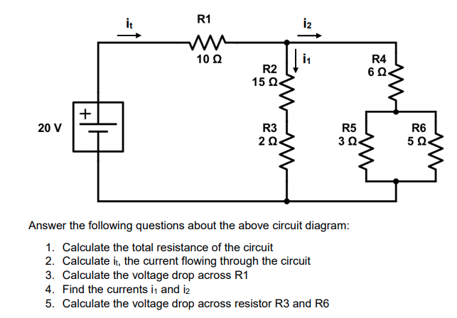 Solved It R1 i2 10Ω R2 15 Q R4 6Ω 20 V. R3 2Ω R5 3 Q R6 5Ω | Chegg.com