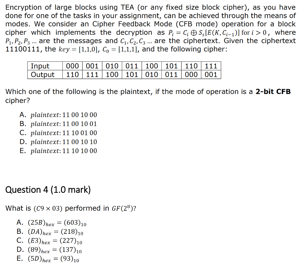 Solved Encryption of large blocks using TEA (or any fixed | Chegg.com