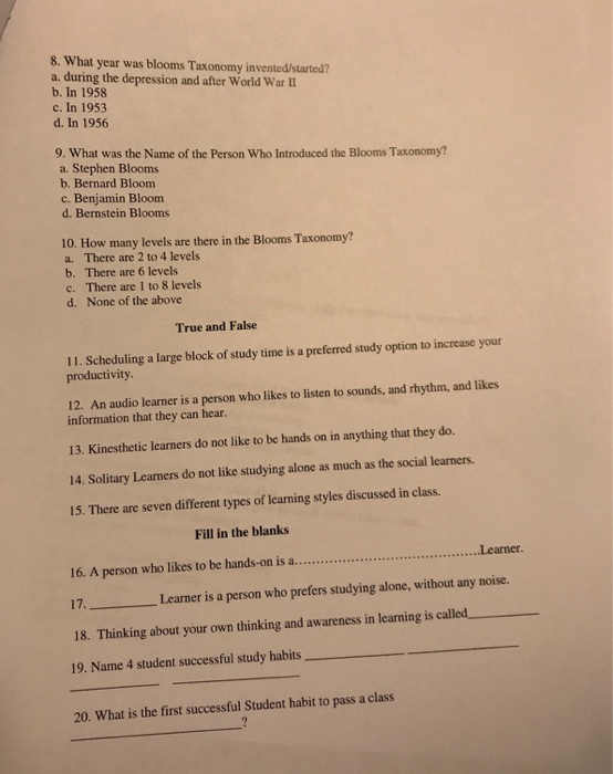 Solved 8. What year was blooms Taxonomy invented/started? a. | Chegg.com