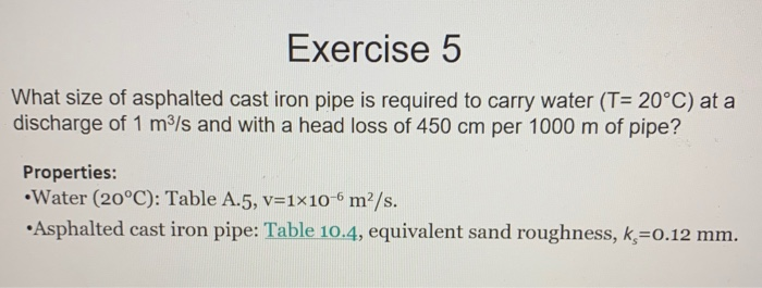 Solved Exercise 5 What size of asphalted cast iron pipe is | Chegg.com