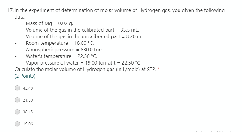 Solved 17. In the experiment of determination of molar | Chegg.com