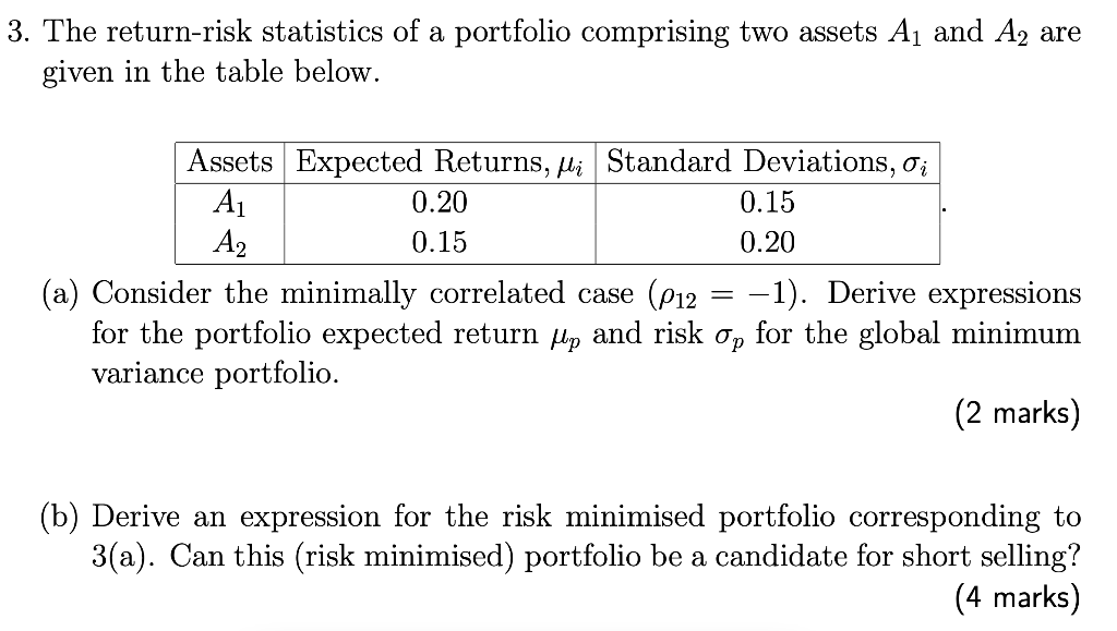3. The return-risk statistics of a portfolio | Chegg.com