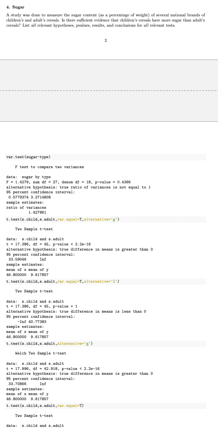 Solved 4. Sugar A study was done to measure the sugar | Chegg.com
