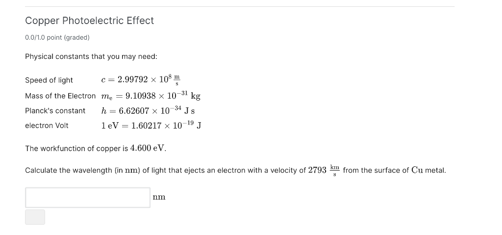 Solved Copper Photoelectric Effect 0.0/1.0 point (graded) | Chegg.com