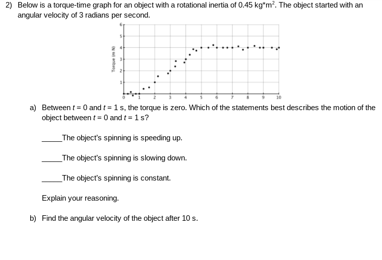 Solved 2) Below is a torque-time graph for an object with a | Chegg.com