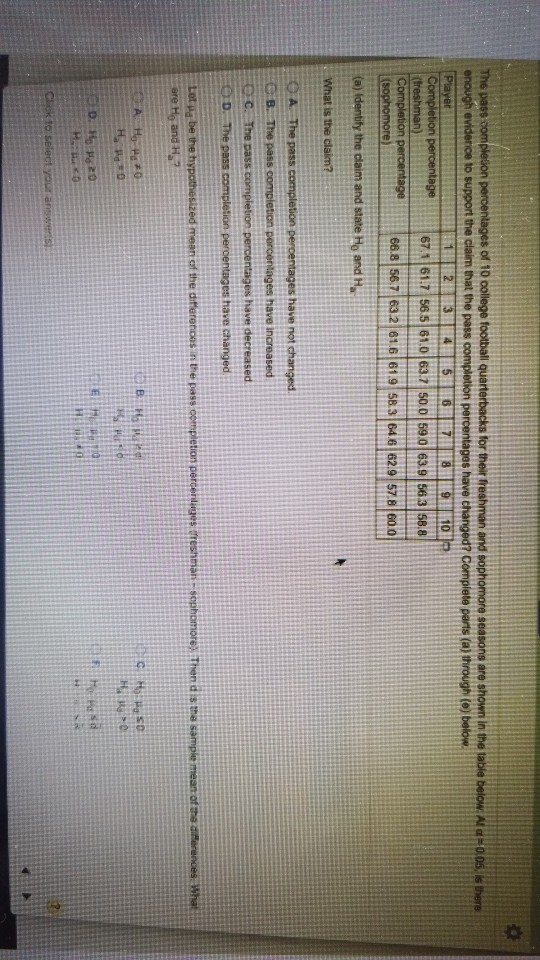 Solved 0.05, is there! The pass completion percentages of 10 | Chegg.com