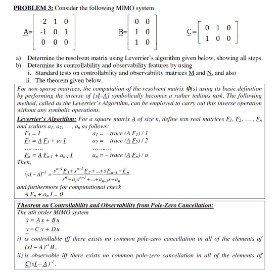 PROBLEM 3: Consider the following MIMO system | Chegg.com