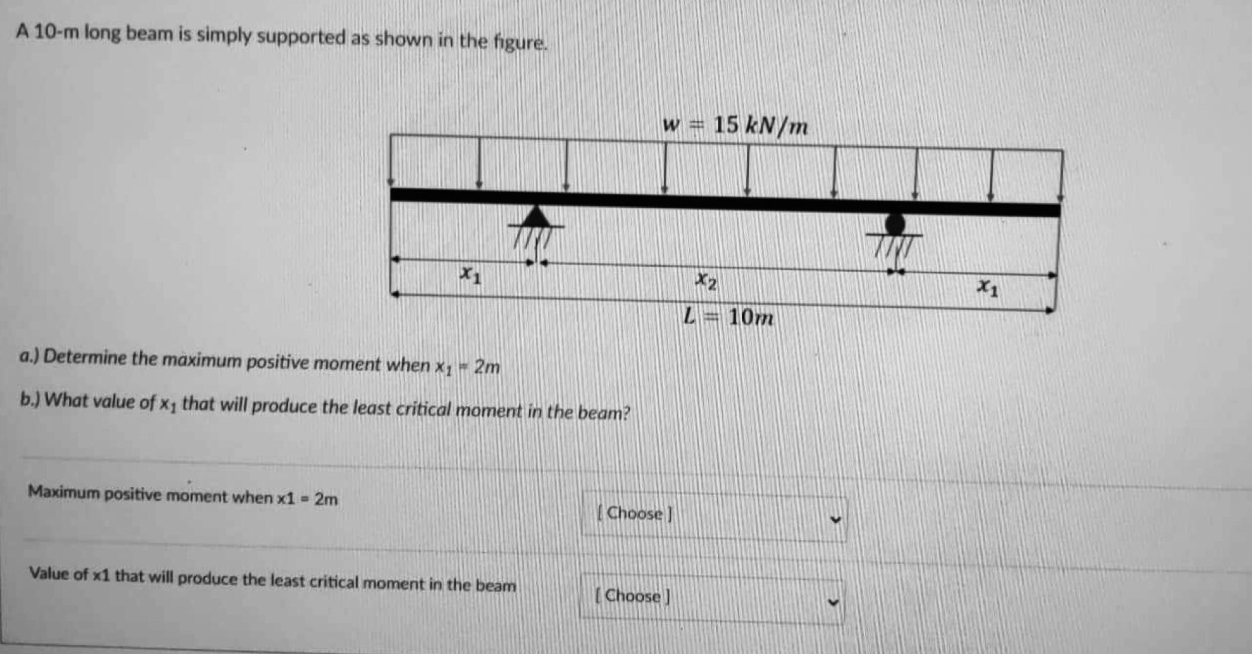 Solved A 10-m long beam is simply supported as shown in the | Chegg.com