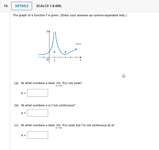 Solved 10. DETAILS SCALC9 1.8.006. The graph of a function | Chegg.com