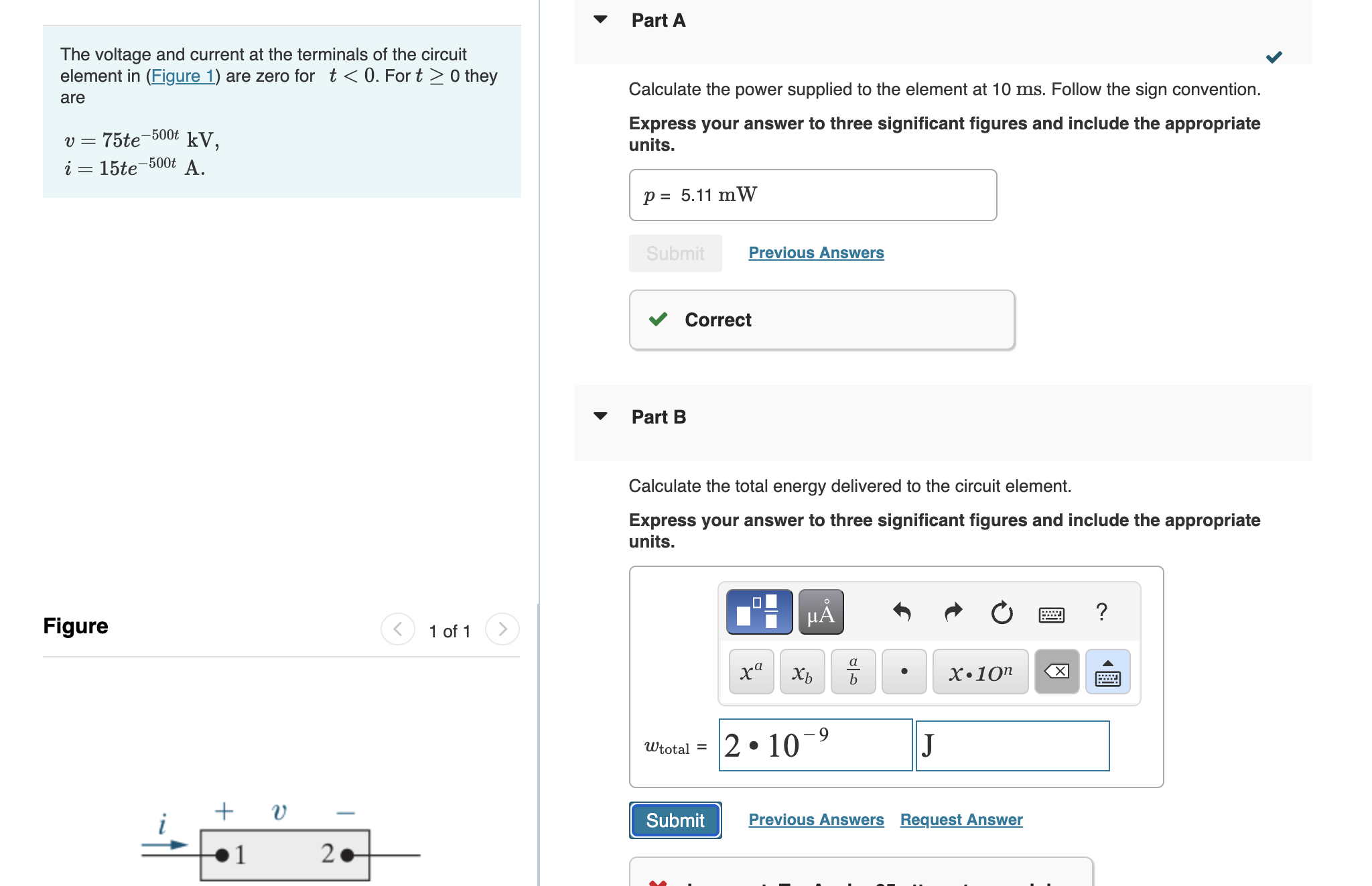 Solved Part AThe voltage and current at the terminals of the | Chegg.com