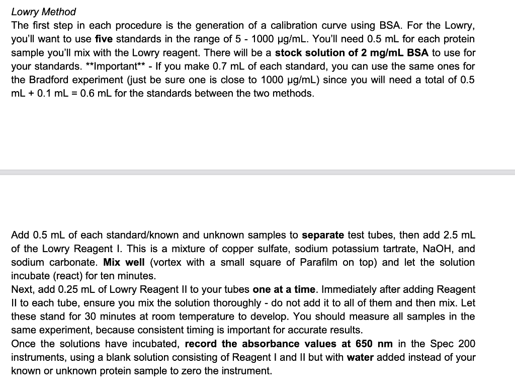 Solved Lowry Method The first step in each procedure is the | Chegg.com