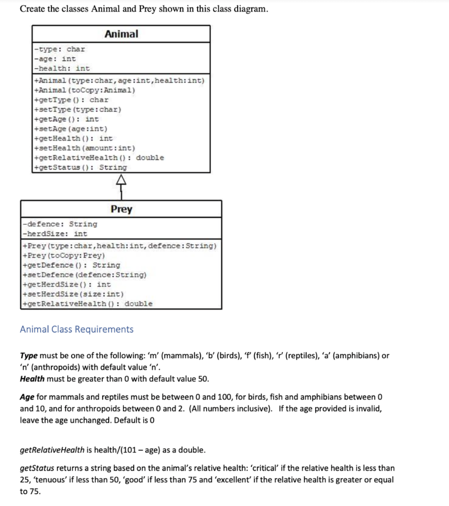 Solved Create the classes Animal and Prey shown in this | Chegg.com