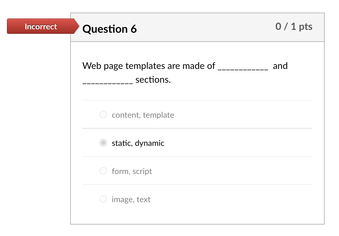 Solved Incorrect Question 6 0 / 1 pts and Web page templates | Chegg.com