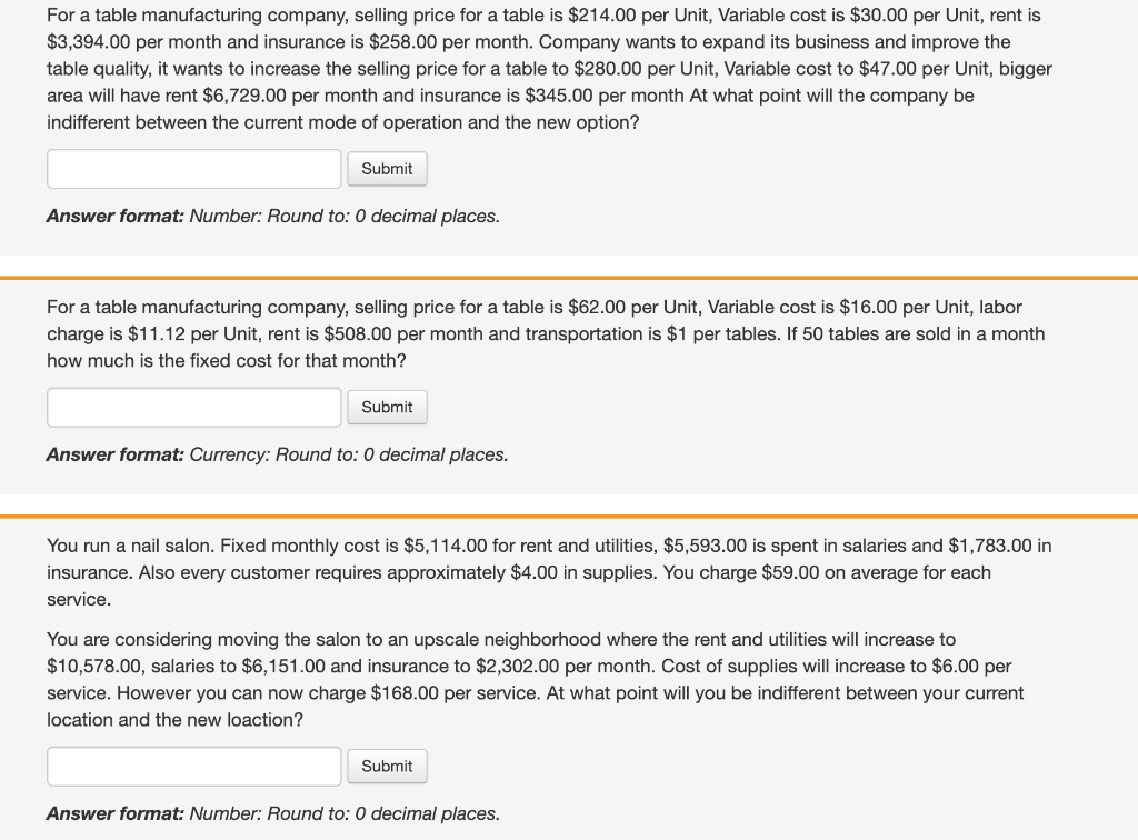 Solved For a table manufacturing company, selling price for | Chegg.com