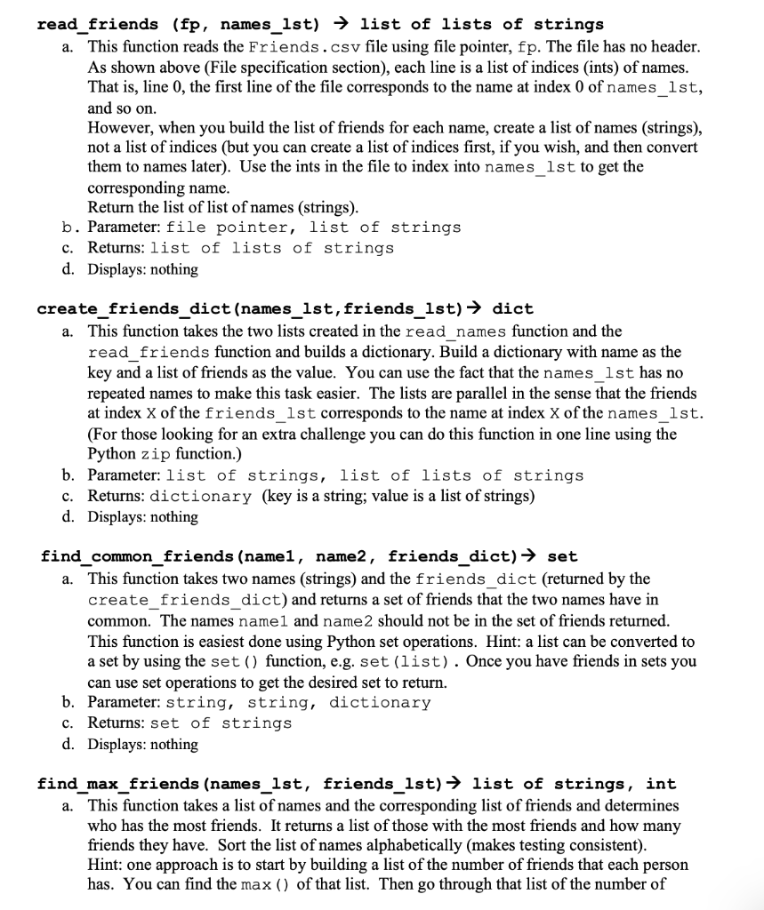 Solved read_friends (fp, names_lst) → list of lists of | Chegg.com