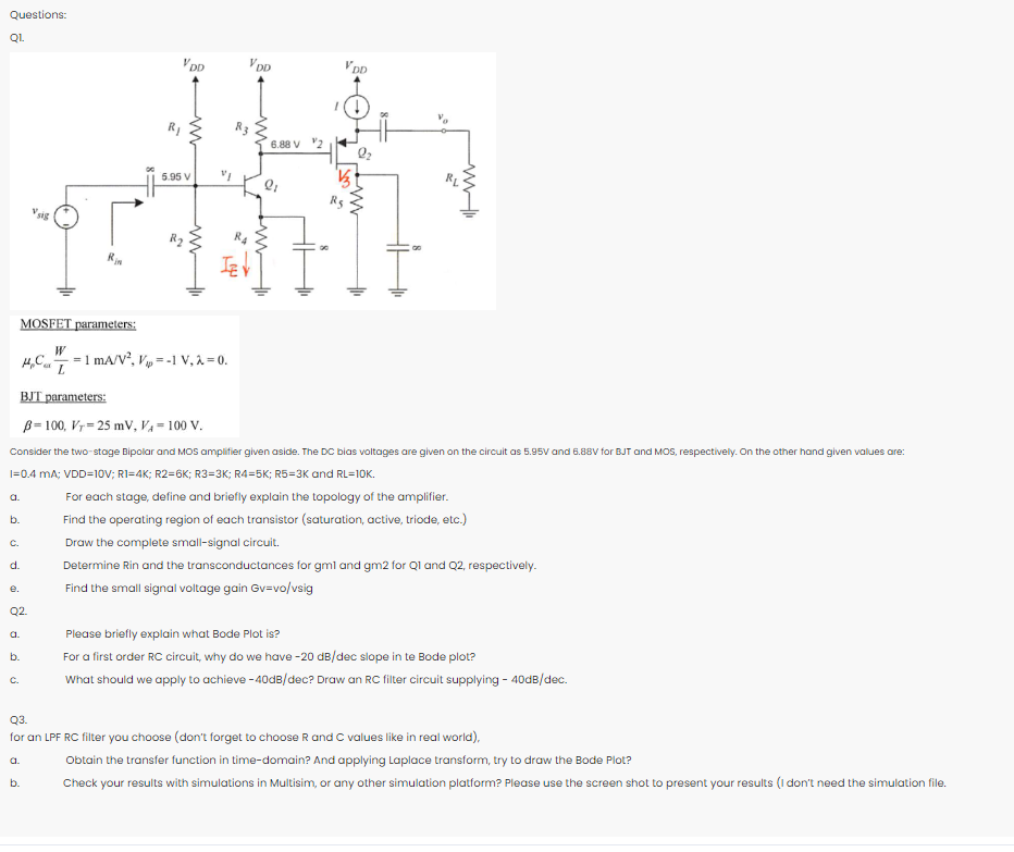 Solved MOSFET parameters: μpCecLW=1 mA/V2,Vip=−1 V,λ=0. BJT | Chegg.com