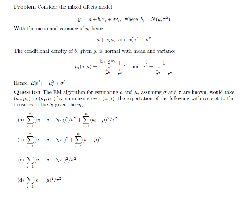 Solved Problem Consider the mixed effects model | Chegg.com