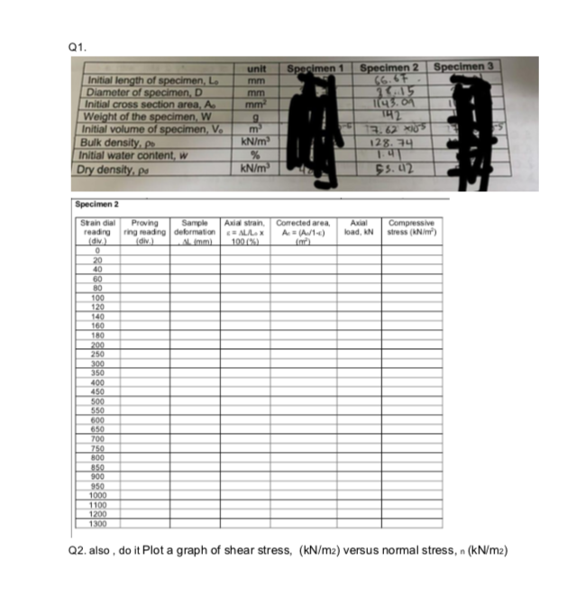 Solved FILL UP TABLE SPECIMEN 2 , DO NOT FORGET IT IS | Chegg.com