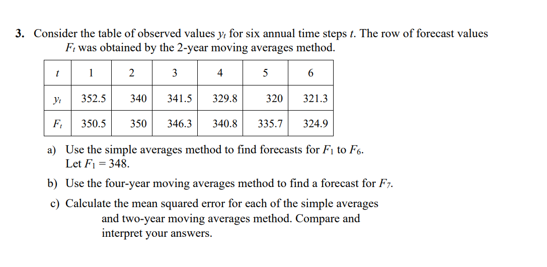 Solved Consider the table of observed values yt for six | Chegg.com