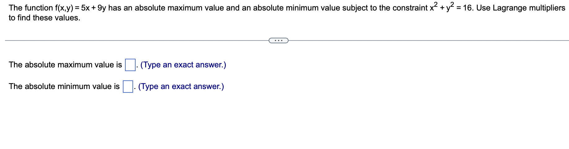 Solved The function f(x,y)=5x+9y has an absolute maximum | Chegg.com