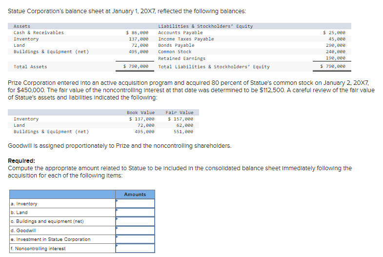 Solved Statue Corporation's balance sheet at January 1,20×7, | Chegg.com