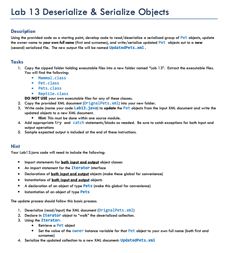 Lab 13 Deserialize And Serialize Objects Description