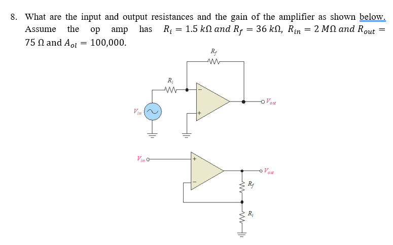 Solved 8. What are the input and output resistances and the | Chegg.com