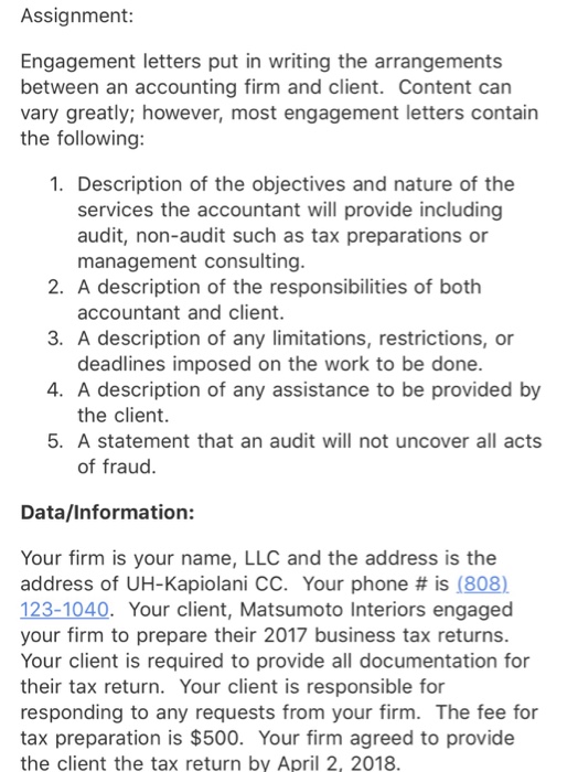 Solved Assignment: Engagement letters put in writing the | Chegg.com