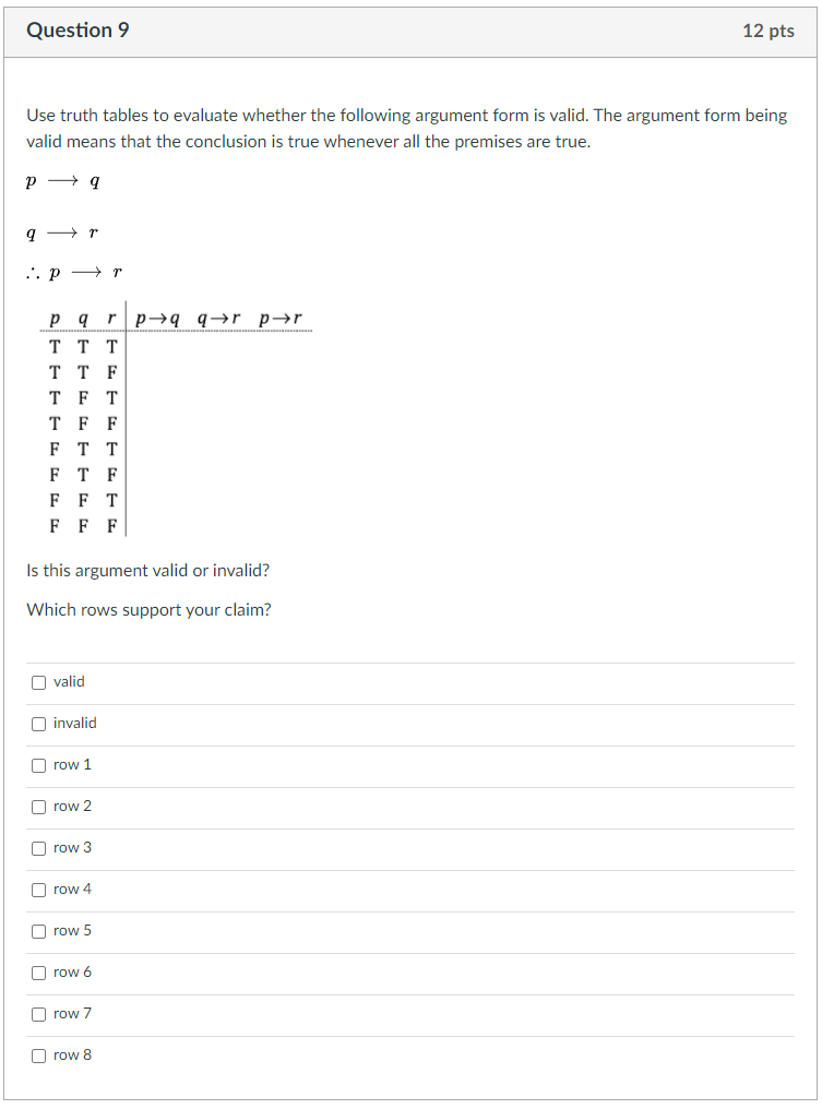 Solved Question 9 12 pts Use truth tables to evaluate | Chegg.com