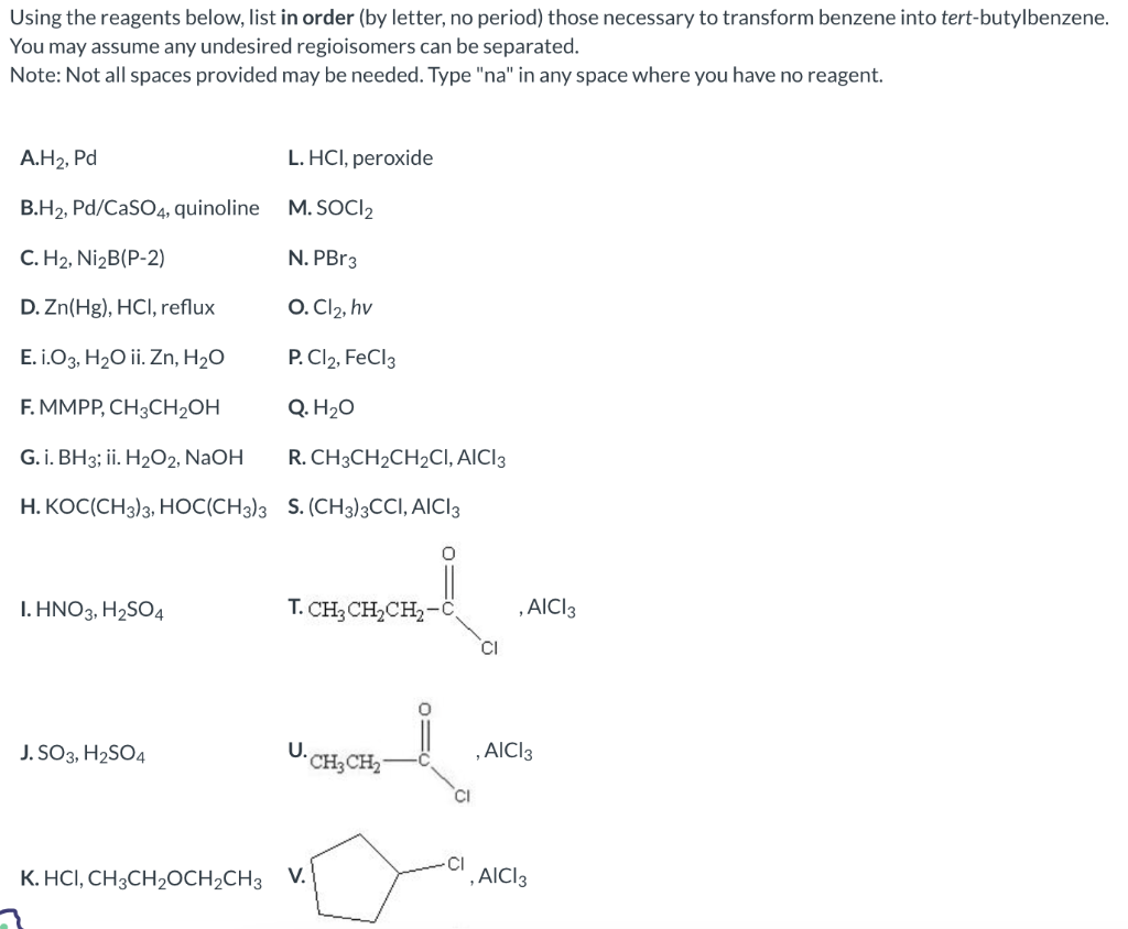Solved Using the reagents below, list in order (by letter, | Chegg.com