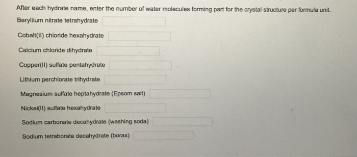 Solved After each hydrate name, enter the number of water | Chegg.com