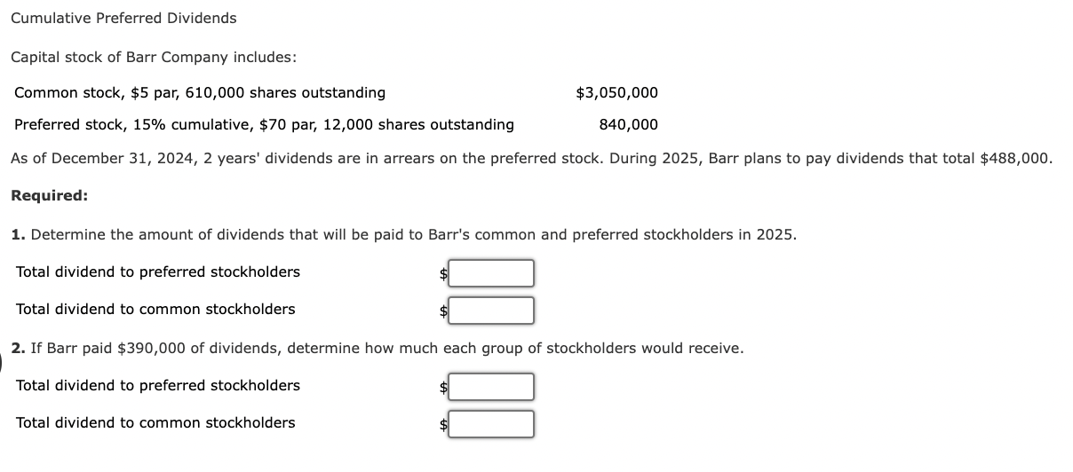 Solved Cumulative Preferred Dividends Capital stock of Barr | Chegg.com